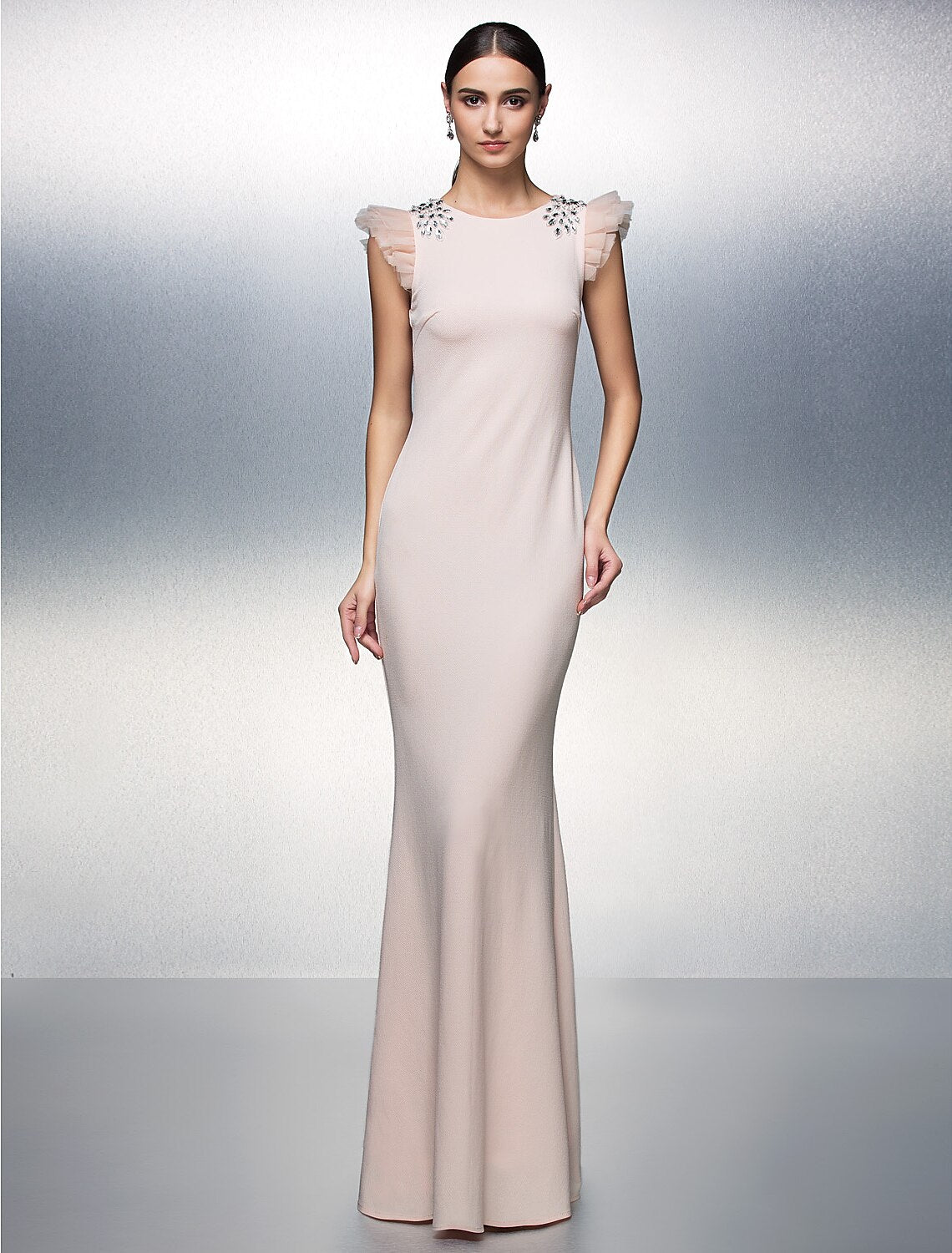 Jewel Neck Floor Length Jersey Formal Evening Dress with Crystals ...